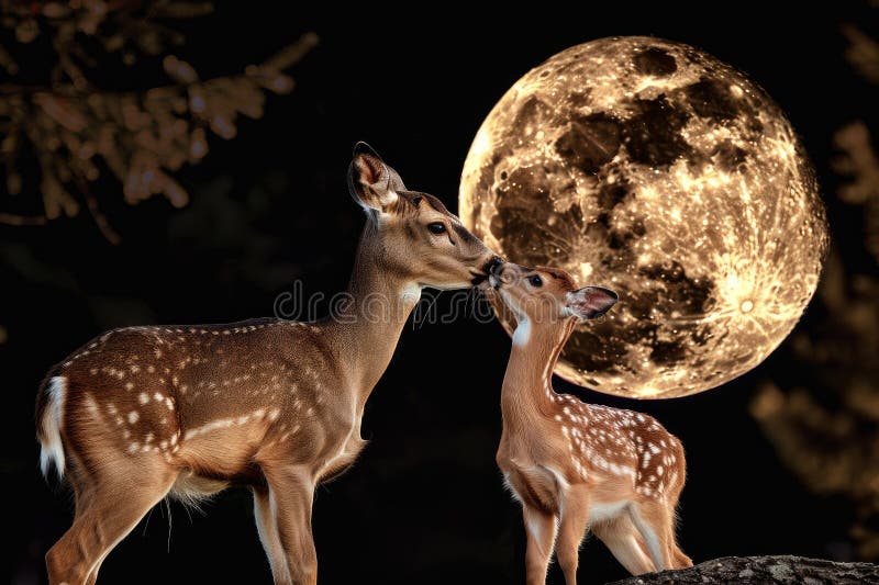 Tender Moment between Deer Under Moonlight Stock Image - Image of night ...
