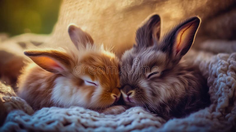 Heartwarming Scene of Two Fluffy Bunnies Cuddling Together in a Cozy ...
