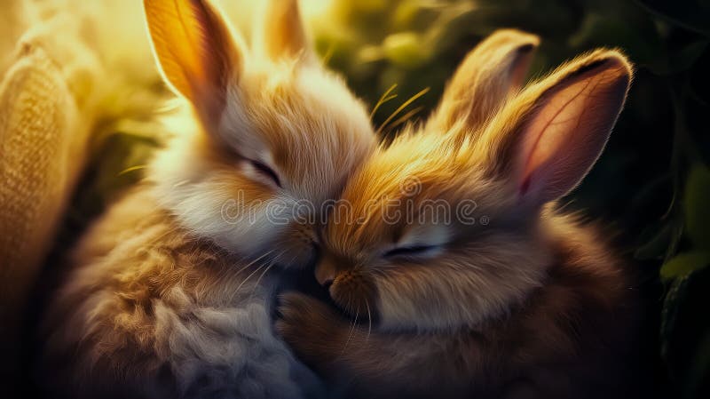 Heartwarming Scene of Two Fluffy Bunnies Cuddling Together in a Cozy ...