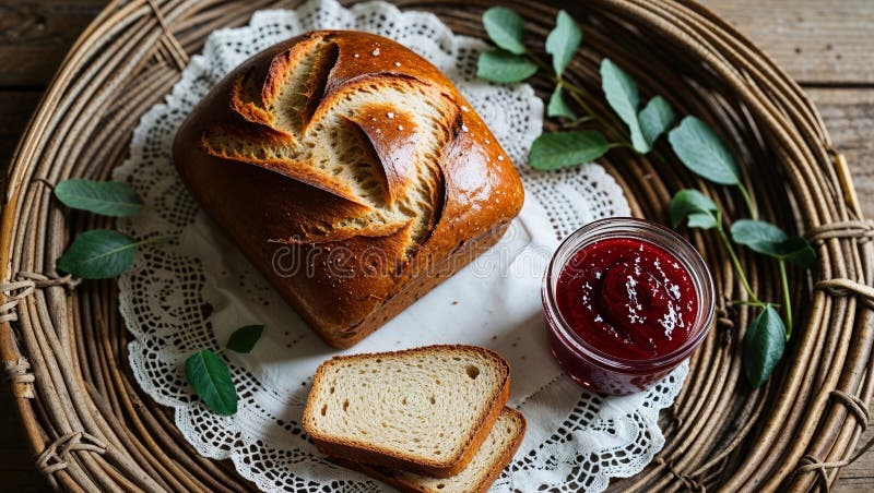 A Heartwarming Setup of a Wicker Tray Holding a Freshly Baked Loaf of ...