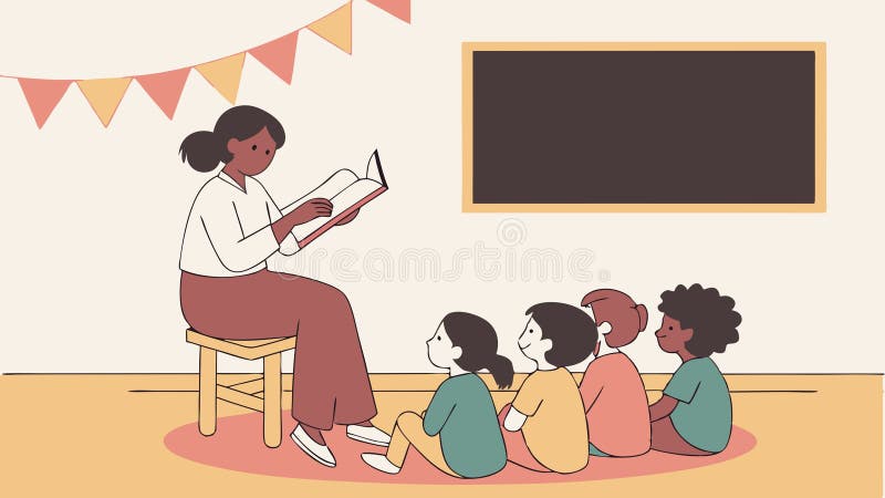 Teacher Reading To Diverse Children in Classroom, Vector Design ...