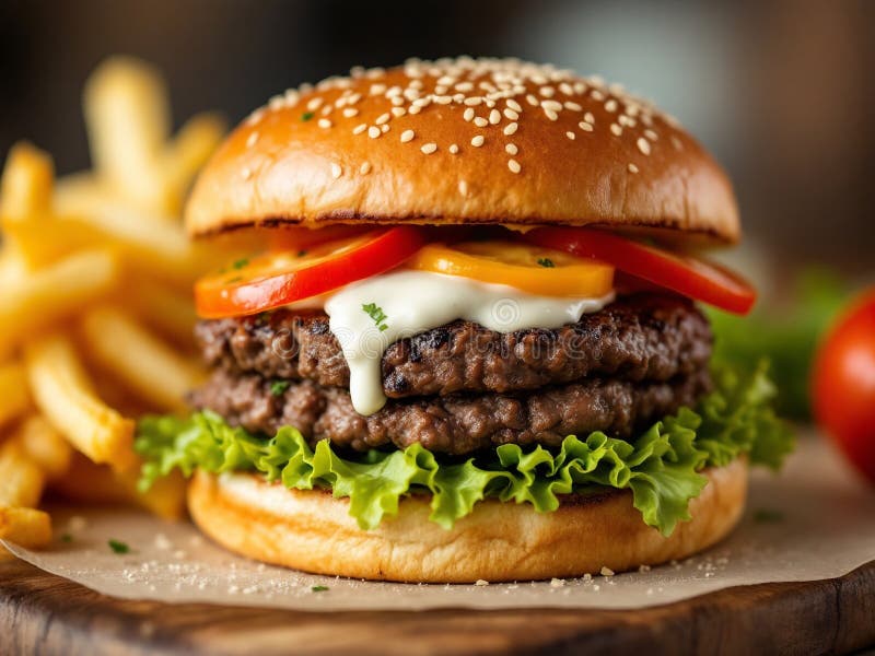 A Hearty Beef Burger with Fresh Vegetables and Creamy Sauce Stock ...