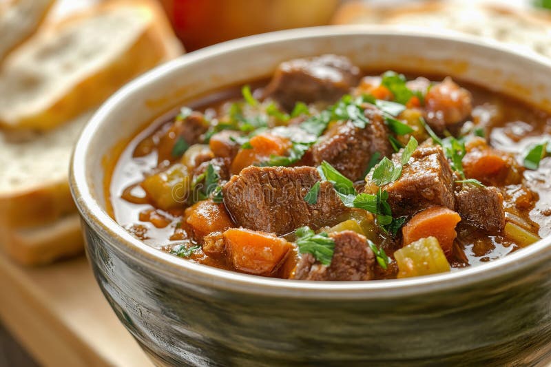 Hearty Beef Stew in Bowl with Bread Slices and Blurred Background Stock ...