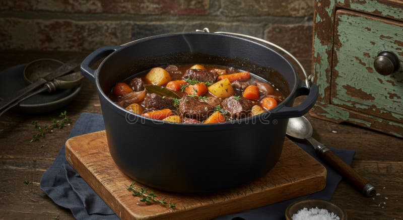 Hearty Beef Stew in Cast Iron Pot Stock Illustration - Illustration of ...