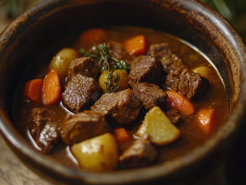 A Hearty Beef Stew with Potatoes, Carrots, and Herbs in a Rustic Bowl ...