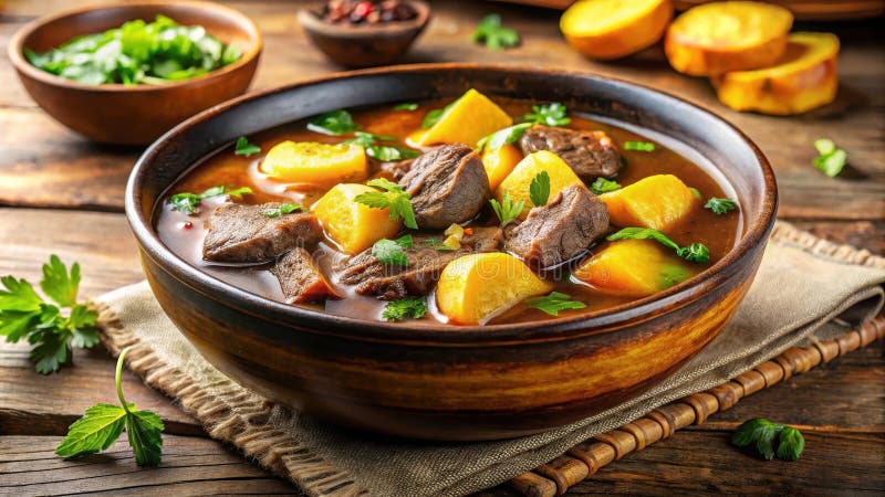 Hearty Beef Stew with Root Vegetables in Rustic Bowl. Generative AI ...