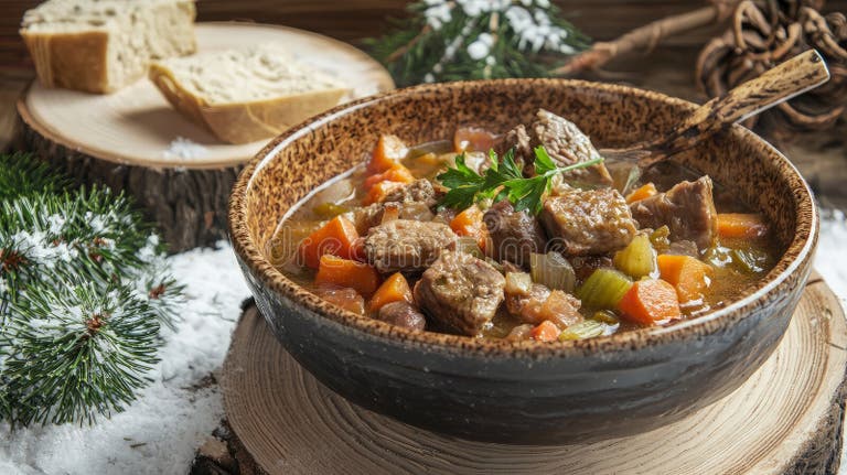 Hearty Beef Stew in Rustic Bowl with Bread, Snowy Winter Setting Stock ...