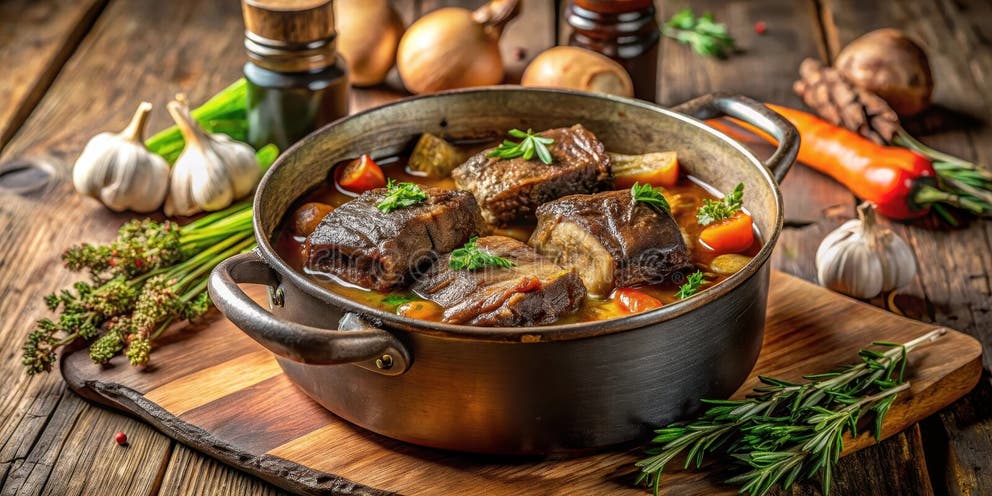 Hearty Beef Stew in Rustic Pot with Fresh Herbs and Vegetables ...