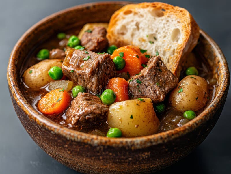 Hearty Beef Stew with Vegetables and Bread Stock Illustration ...