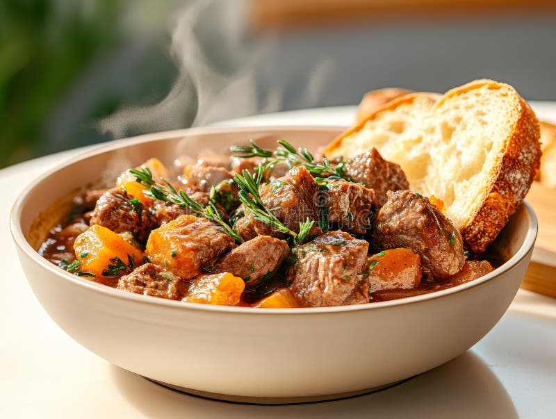 Hearty Beef Stew with Vegetables and Rustic Bread on a Sunny Table ...