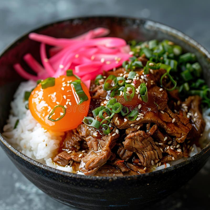 Hearty Bowl of Beef Gyudon with Rice and Pickled Ginger Stock ...