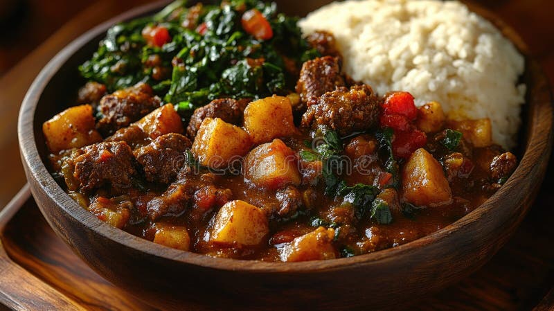 A Hearty Bowl of Stew Served Over Rice and Spinach Stock Photo - Image ...