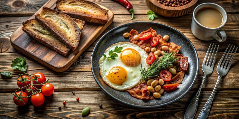 Hearty Breakfast Plate with Fried Eggs, Bacon, Beans, and Toast ...