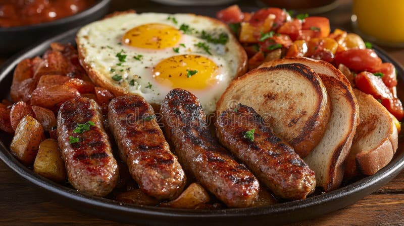 Hearty Breakfast Plate with Fried Eggs Sausage and Toast Stock ...
