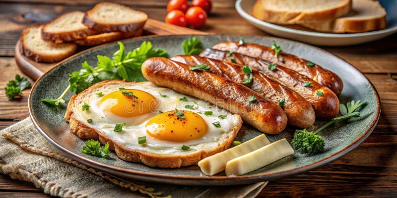 Hearty Breakfast Plate with Fried Eggs, Sausages, and Bread. Generative ...