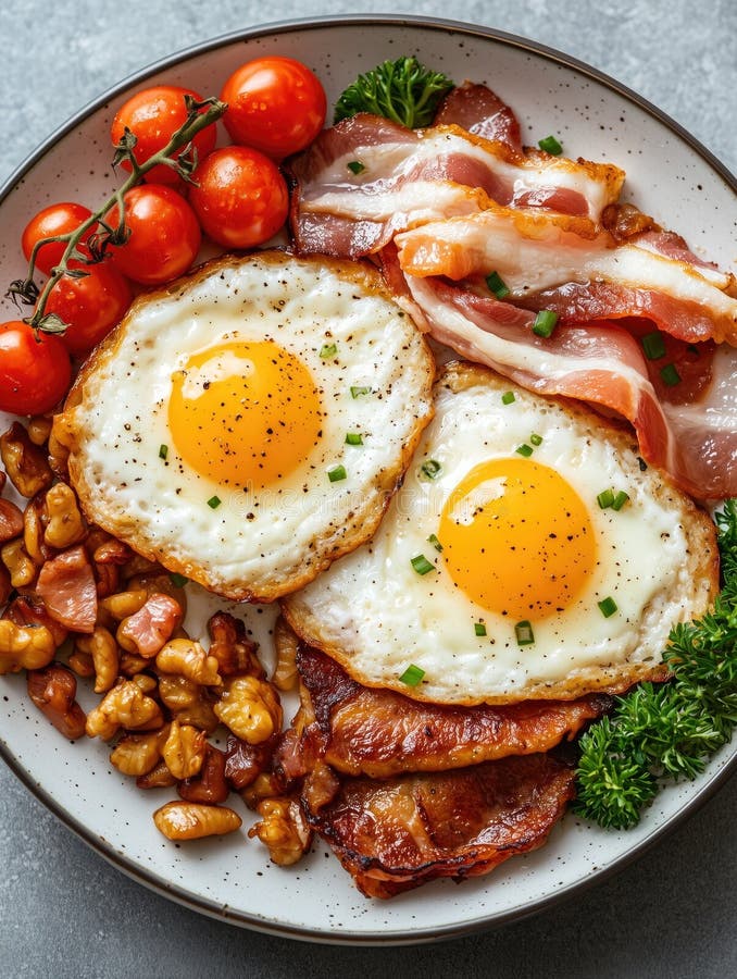 Hearty Breakfast Plate with Sunny Side Up Eggs, Bacon, and Roasted ...