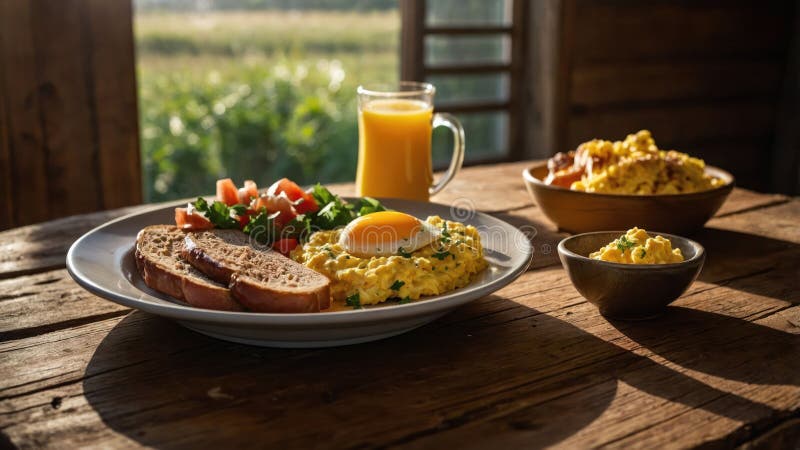 A Hearty Breakfast Spread Featuring Eggs, Bread, Salad, and Juice in a ...