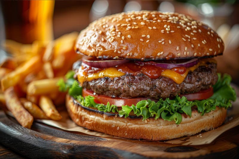Hearty Burger and Crispy Fries. AI Generated. Stock Photo - Image of ...