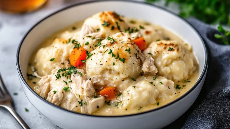 Hearty Chicken and Dumplings with Vegetables in Creamy Sauce Stock ...