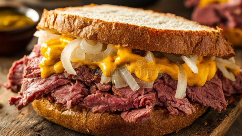 Hearty Corned Beef Sandwich with Mustard and Onions on Rustic Bread ...