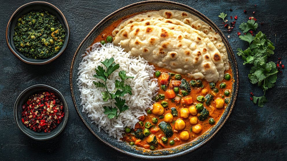 Hearty Curry with Rice and Naan Stock Illustration - Illustration of ...