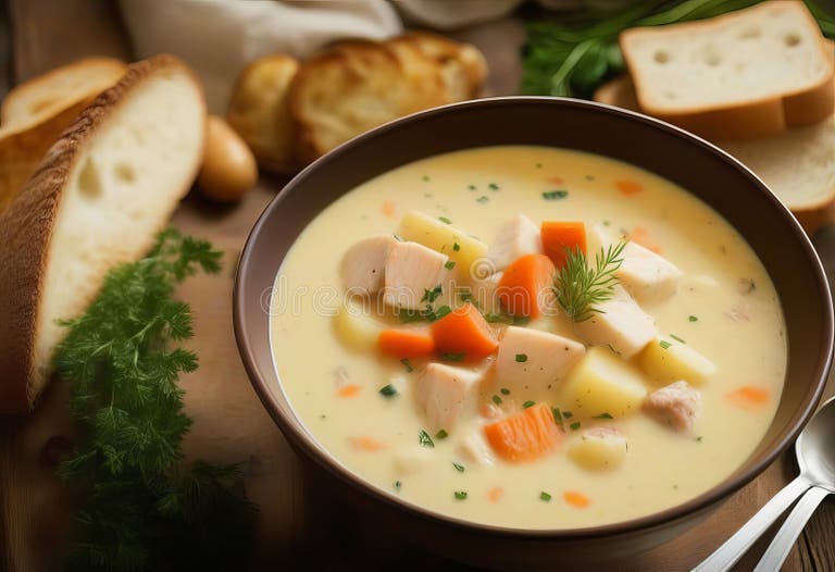 Hearty Fish and Potato Chowder with a Side of Warm Bread Stock ...