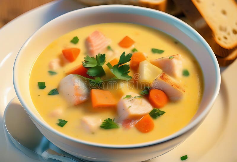 Hearty Fish and Potato Chowder with a Side of Warm Bread Stock ...