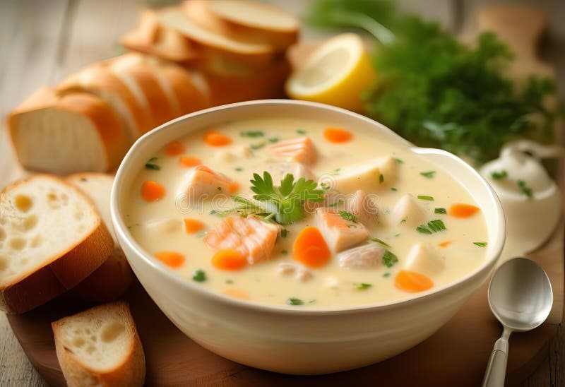 Hearty Fish and Potato Chowder with a Side of Warm Bread Stock ...