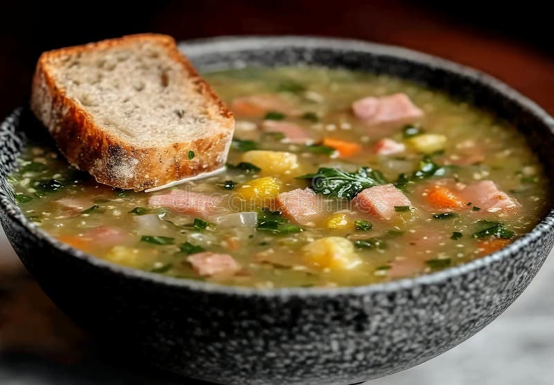 Hearty Ham and Vegetable Soup with a Crusty Bread Stock Image - Image ...