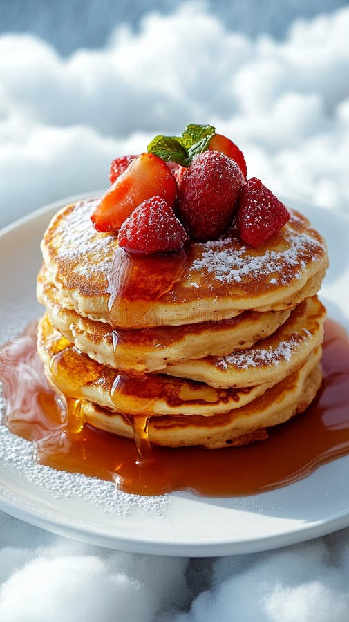 Hearty Pancake Stack Breakfast Served Above Clouds. Stock Photo - Image ...
