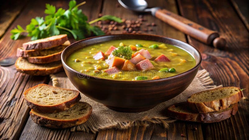 Hearty Split Pea Soup with Ham and Crusty Bread. Generative AI Stock ...