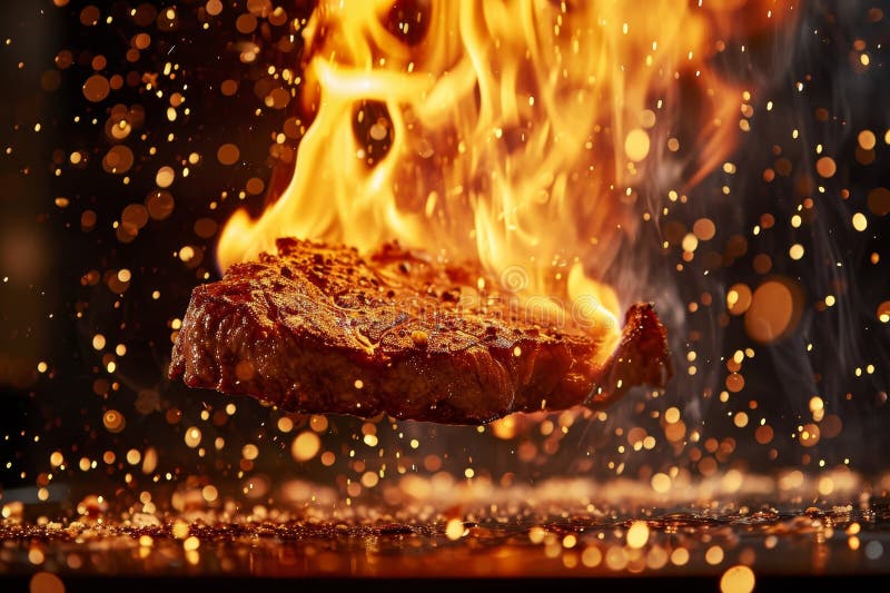 A Hearty Steak on Fire, Sizzling on a Hot Grill Stock Photo - Image of ...