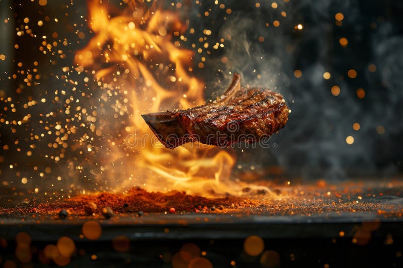 A Hearty Steak on Fire, Sizzling on a Hot Grill Stock Illustration ...
