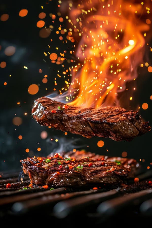 A Hearty Steak on Fire, Sizzling on a Hot Grill Stock Illustration ...