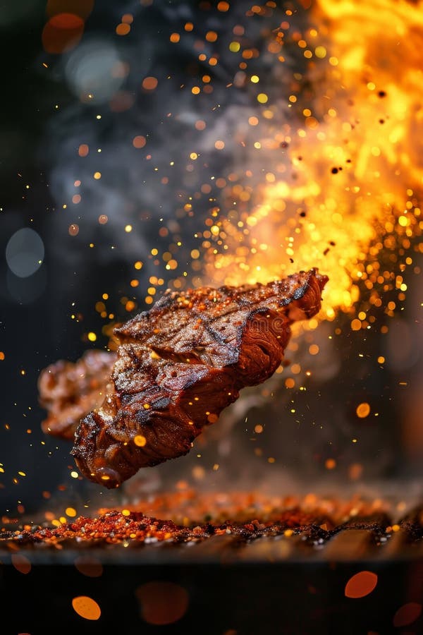 A Hearty Steak on Fire, Sizzling on a Hot Grill Stock Illustration ...