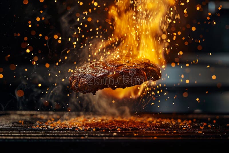 A Hearty Steak on Fire, Sizzling on a Hot Grill Stock Illustration ...