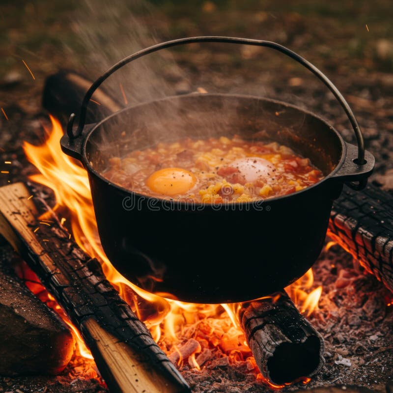 Hearty Stew Cooking in Cast Iron Pot Over Campfire Stock Illustration ...