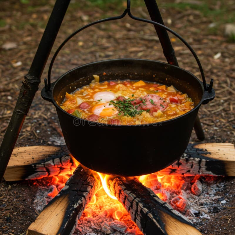 Hearty Stew Cooking in Rustic Campfire Cauldron Stock Illustration ...