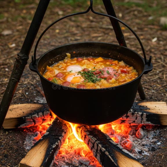 Hearty Stew Cooking in Rustic Campfire Cauldron Stock Illustration - Illustration of meal ...