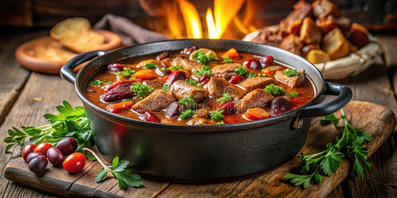 Hearty Stew in Rustic Cast Iron Pot with Fresh Herbs and Toasted Bread ...