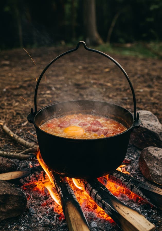 Hearty Stew Simmering in Black Cauldron Over Campfire Stock Image ...