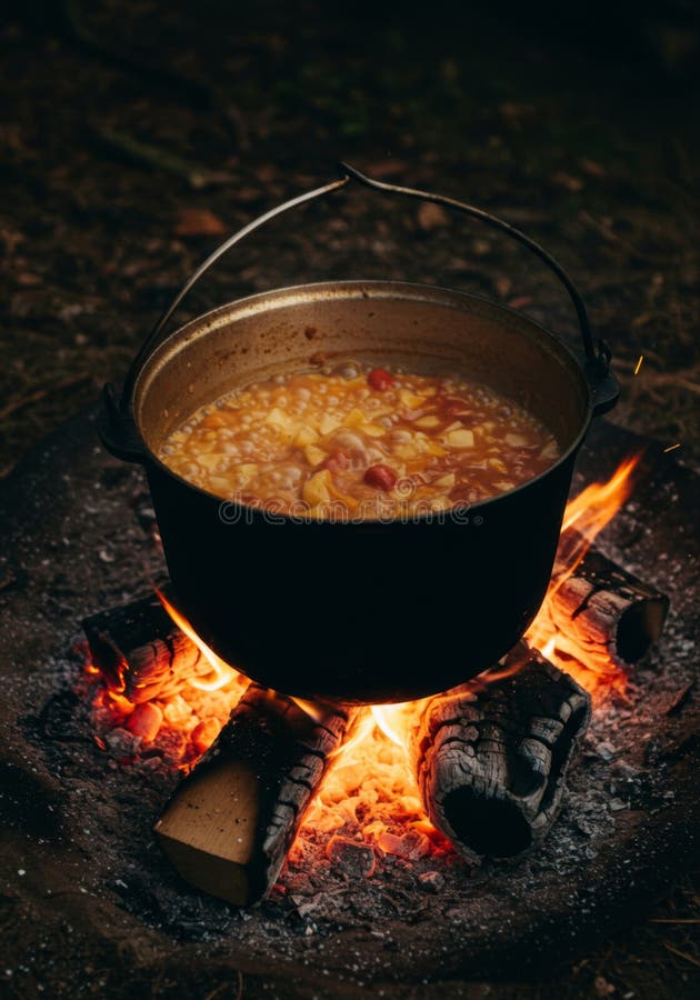 Hearty Stew Simmering Over Campfire Flames Stock Photo - Image of ...
