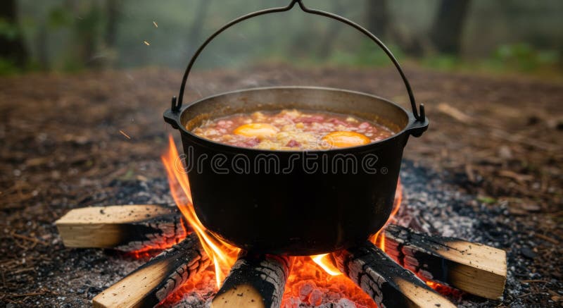 Hearty Stew Simmering Over Campfire in Forest Stock Illustration ...