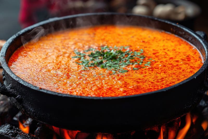Hearty Tomato Soup Cooking Over Open Flame in Cast Iron Pot Stock Image ...
