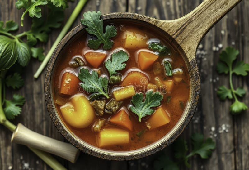 Hearty Vegetable Soup in Rustic Wooden Spoon, Overhead, Culinary ...