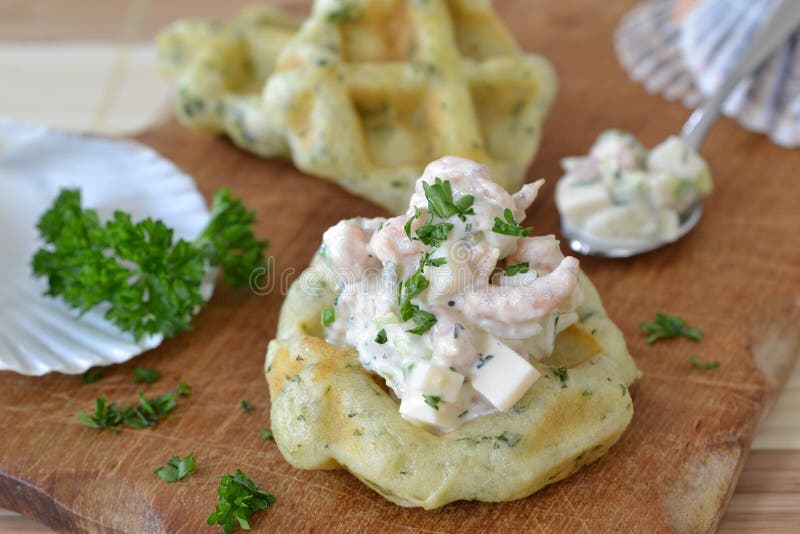 Hearty Waffle with Shrimp Dip Stock Photo - Image of seafood, waffles ...