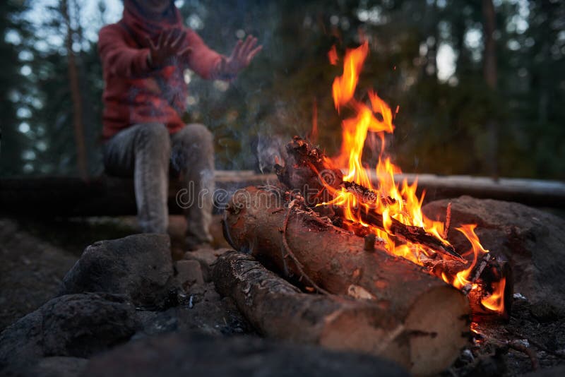 Heat by Fire Camp in Forest Stock Photo - Image of peaceful, idyllic ...