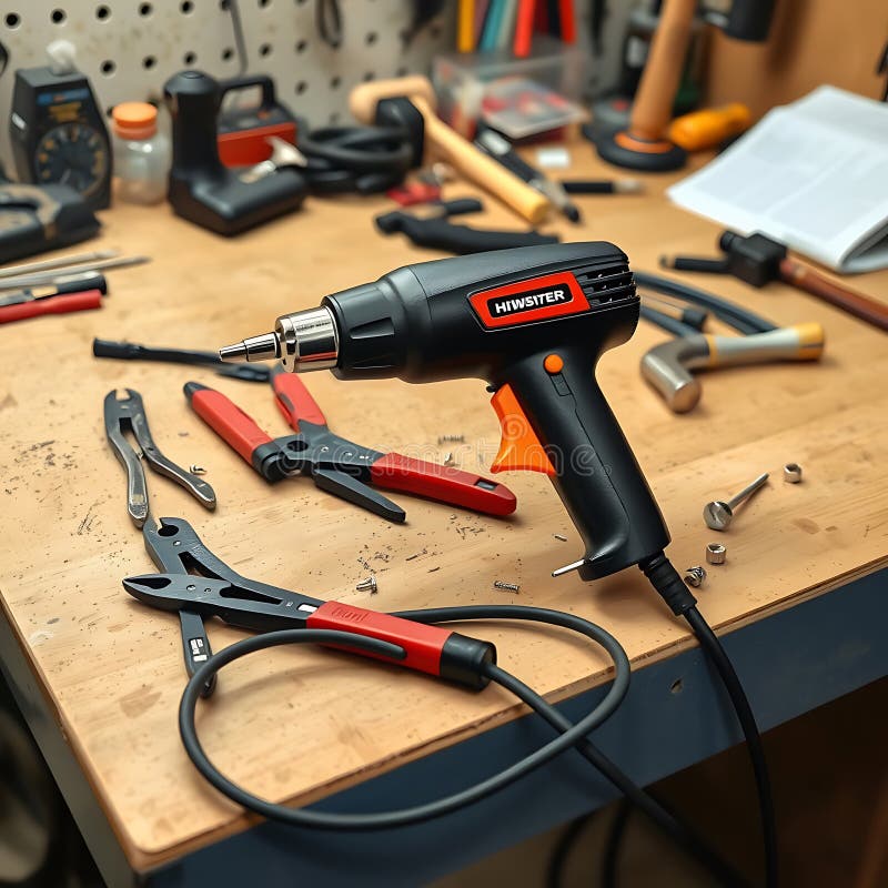 A Heat Gun Resting on a Workbench Surrounded by Tools Like Pliers Hammer and Screws in a ...