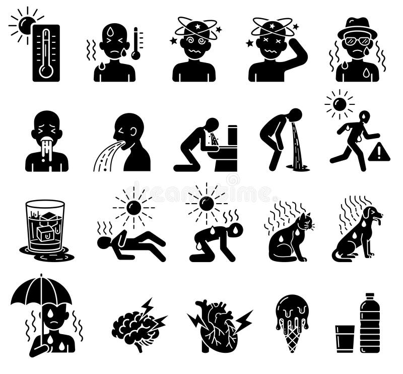 Heat Stroke Symptoms Symbol Icon Set Stock Vector - Illustration of ...