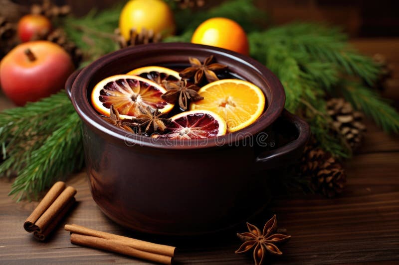 Heated Mulled Wine in a Traditional Rustic Pot Stock Illustration ...